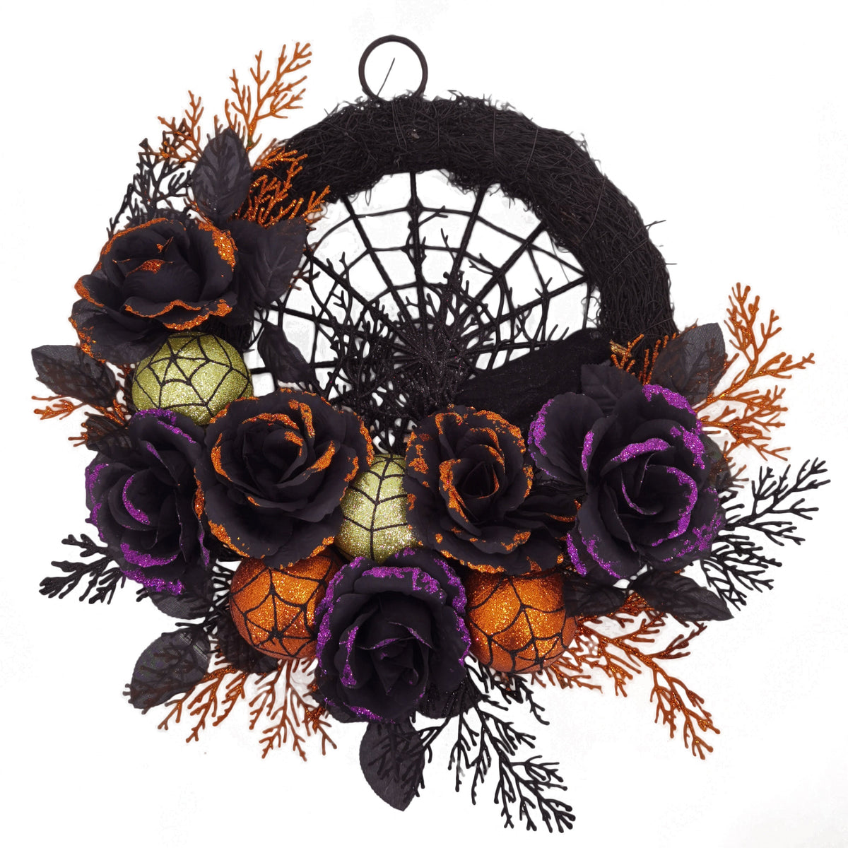 Gothic Halloween Wreath with Black Roses – Spiderweb Front Door Decora ...